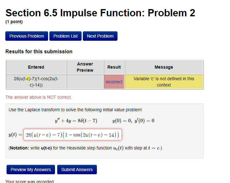 Solved Section 6.5 Impulse Function: Problem 2 (1 point) | Chegg.com