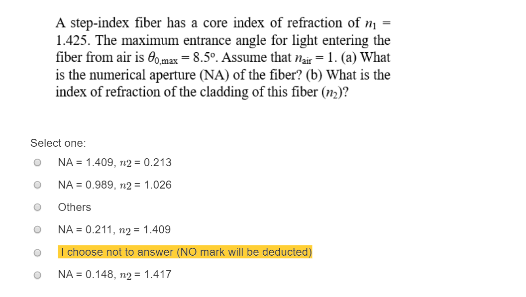 Solved A step-index fiber has a core index of refraction of | Chegg.com