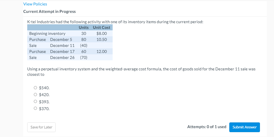 Solved View Policies Current Attempt in Progress K-tel | Chegg.com