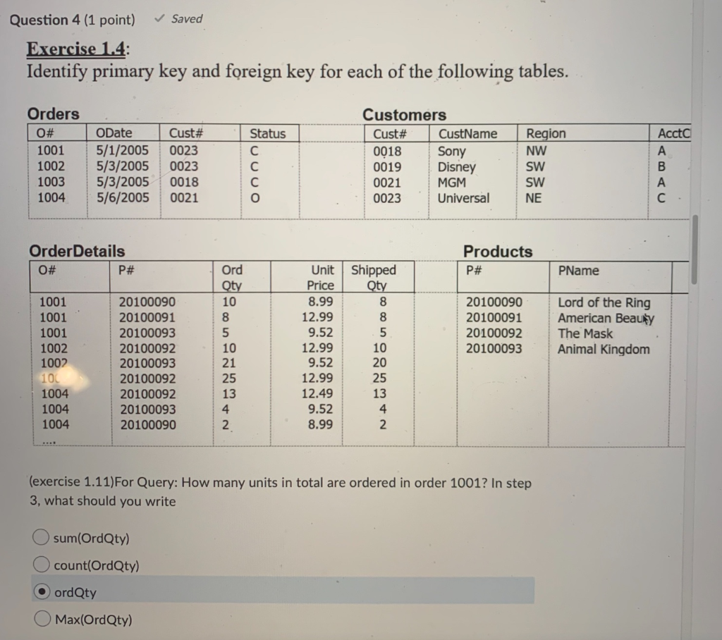 Solved Question 1 (1 point) Saved Exercise 1.4 Identify | Chegg.com