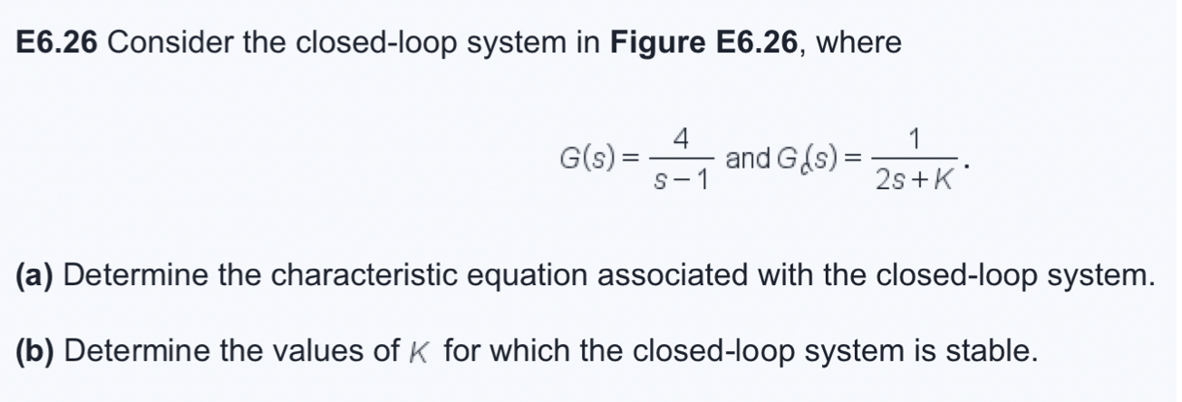 E6.26 Consider the closed-loop system in Figure | Chegg.com