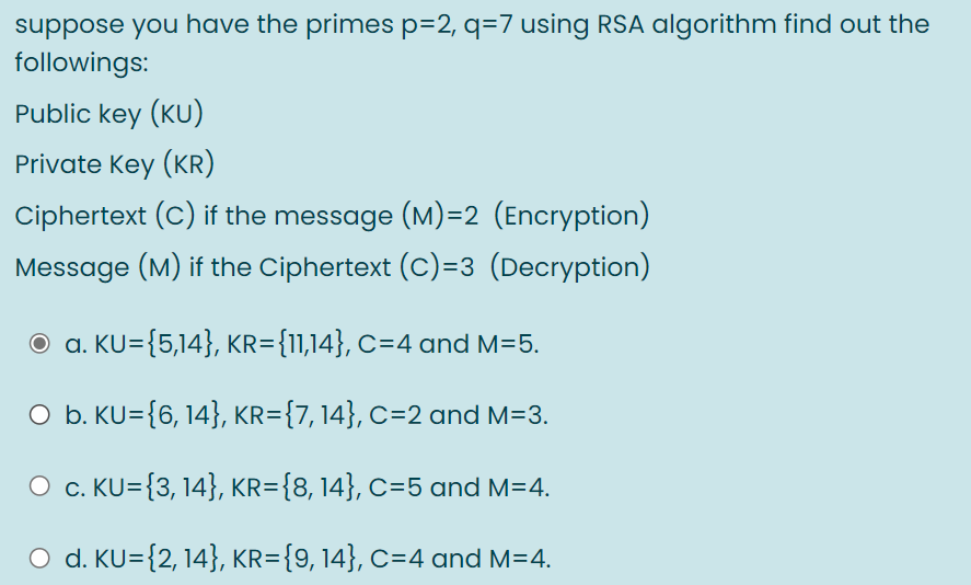 Solved suppose you have the primes p=2, q=7 using RSA | Chegg.com
