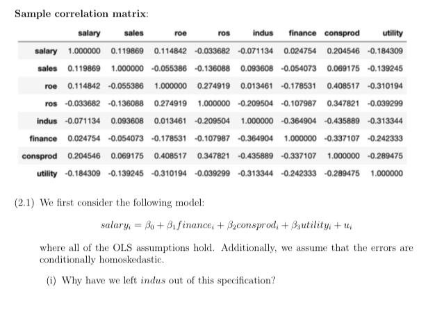 roe Sample correlation matrix: salary sales ros indus | Chegg.com