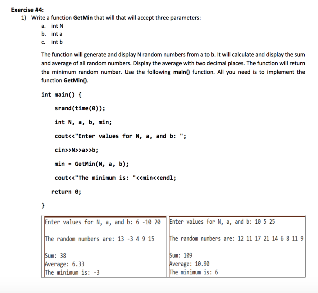 Solved Exercise #4: 1) Write a function GetMin that will | Chegg.com