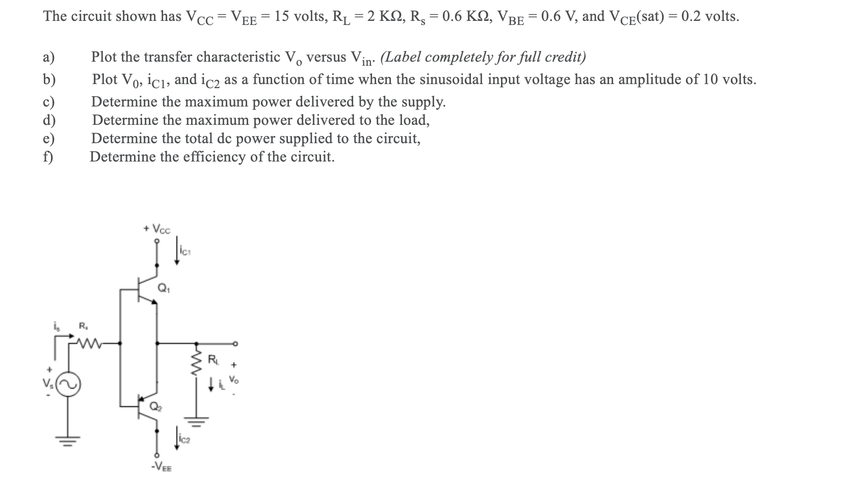 Solved The circuit shown has Vcc = VEE = 15 volts, RL = 2 | Chegg.com