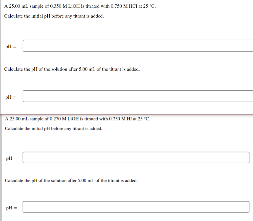 Solved A 25.00 mL sample of 0.350 M LiOH is titrated with | Chegg.com