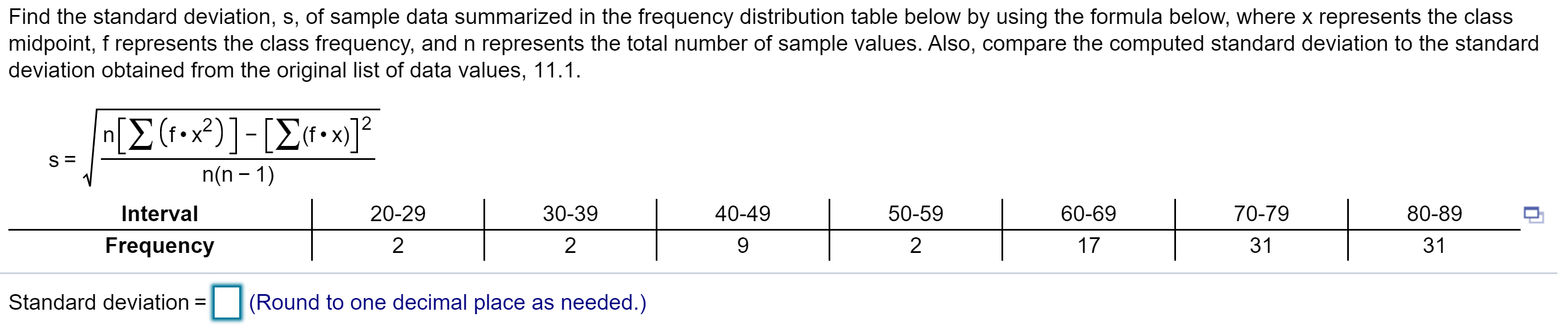 Solved Find the standard deviation, s, of sample data | Chegg.com