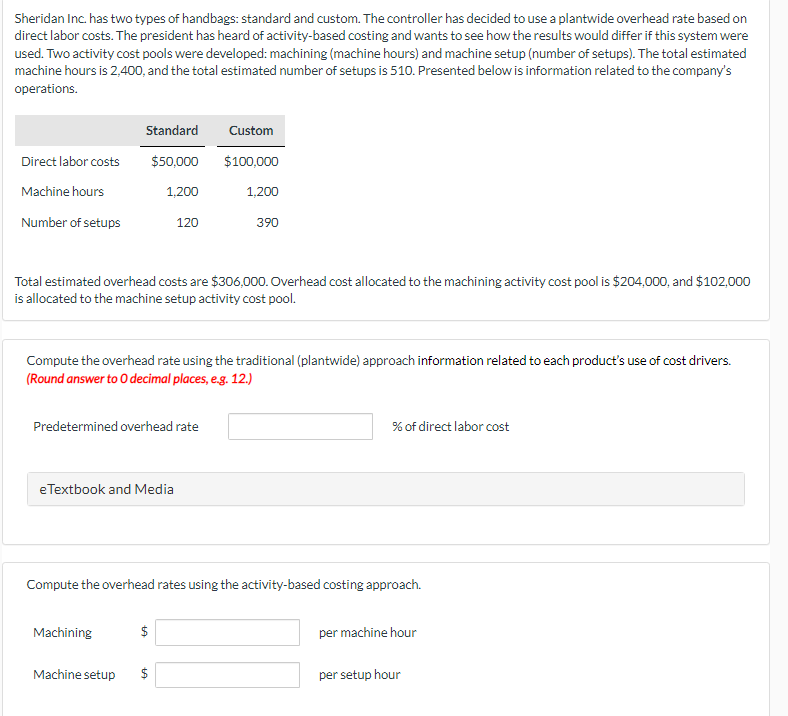 Solved Sheridan Inc. has two types of handbags: standard and | Chegg.com