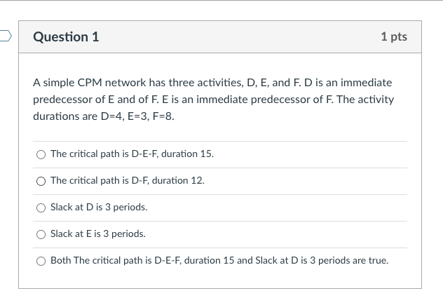 Solved A simple CPM network has three activities, D, E, and | Chegg.com