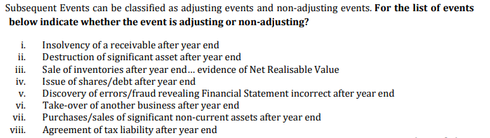 Solved Subsequent Events can be classified as adjusting | Chegg.com