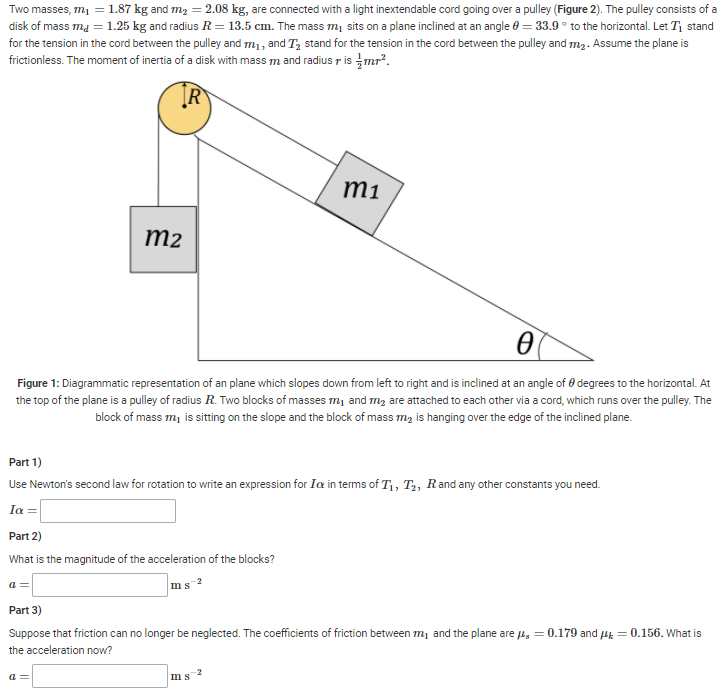 Solved Two masses, m1=1.87 kg and m2=2.08 kg, are connected | Chegg.com