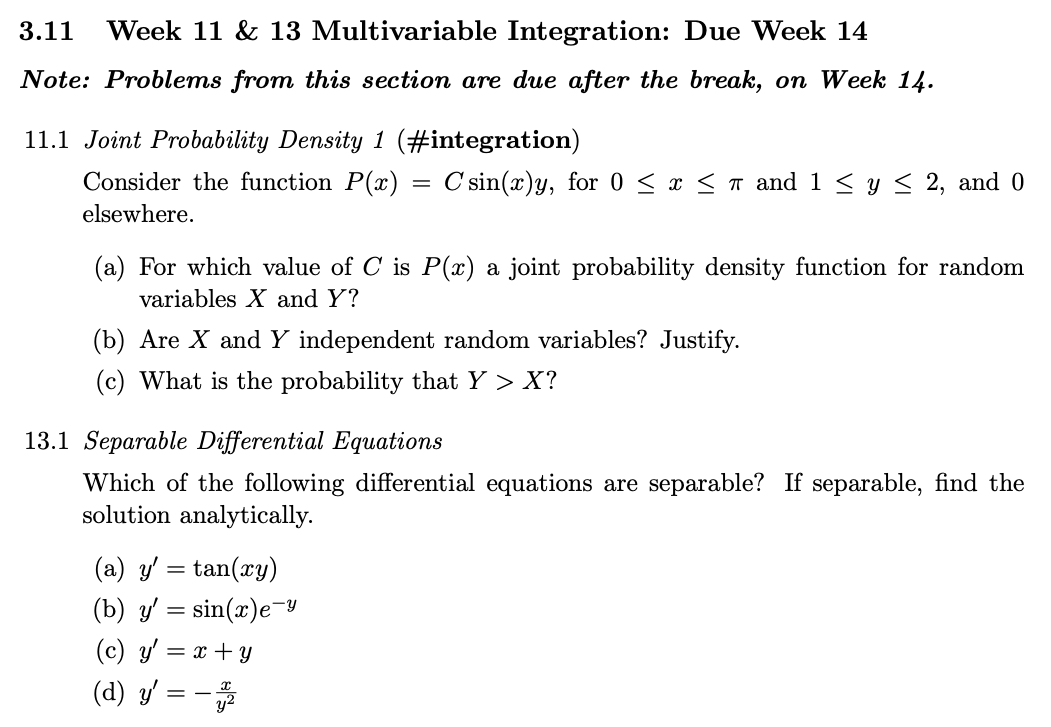 Solved 3.11 Week 11 \& 13 Multivariable Integration: Due | Chegg.com