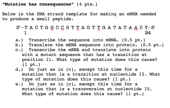 Solved "Mutation has consequences" (4 pts.) Below is the DNA | Chegg.com