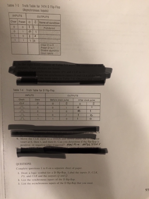 Solved Table 1-3 Truth Table for 7474 D Flip-Flop | Chegg.com