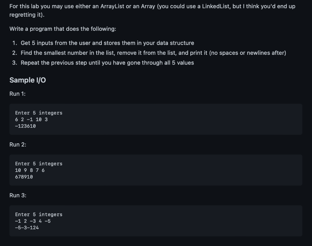 Solved For this lab you may use either an ArrayList or an | Chegg.com