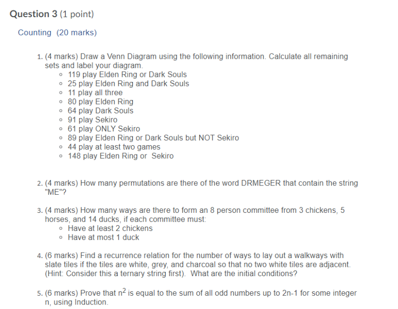 Solved Question 3 (1 point) Counting (20 marks) 1. (4 marks) | Chegg.com