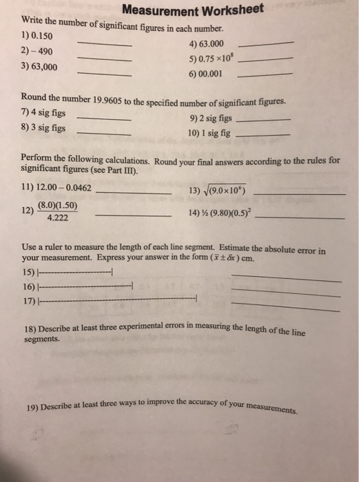 Solved Measurement Worksheet Write the number of significant | Chegg.com