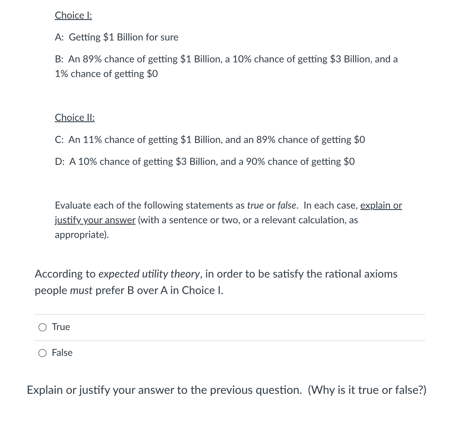 Solved Choice l:A: Getting $1 ﻿Billion for sureB: An 89% | Chegg.com