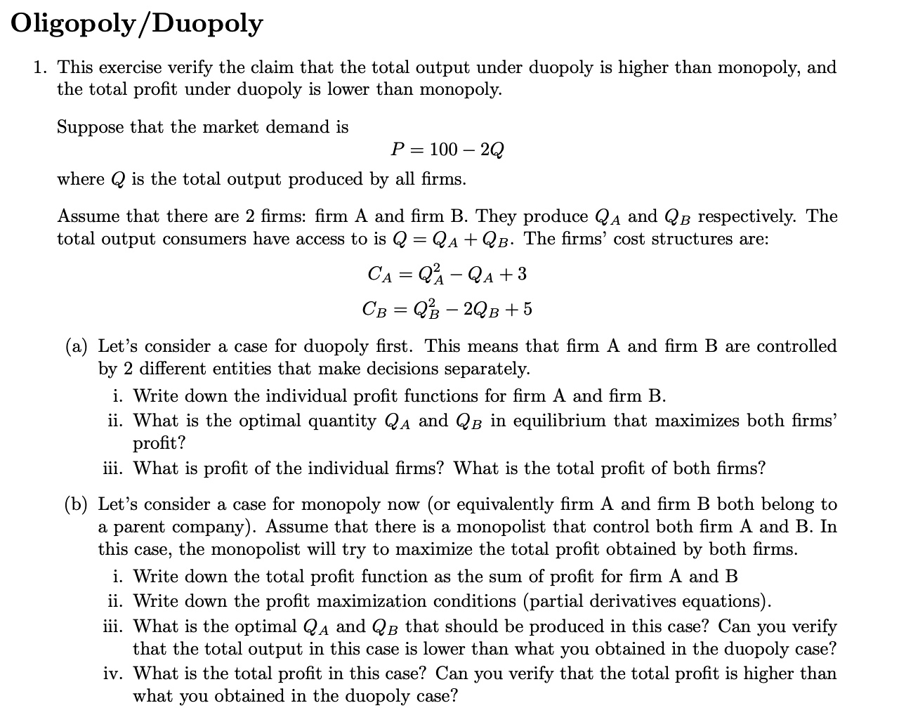 Solved Oligopoly/DuopolyThis exercise verify the claim that | Chegg.com