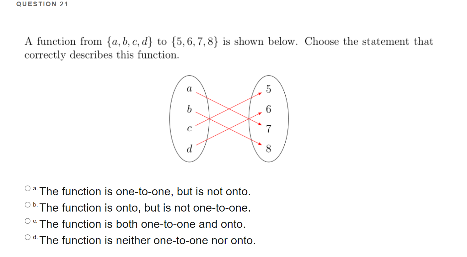 Solved QUESTION 21 A function from {a,b, c, d} to {5,6,7,8} | Chegg.com