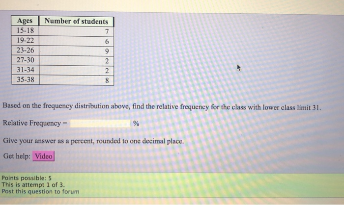 Solved Ages Number of students 15-18 7 19-22 6 23-26 27-30 2 | Chegg.com