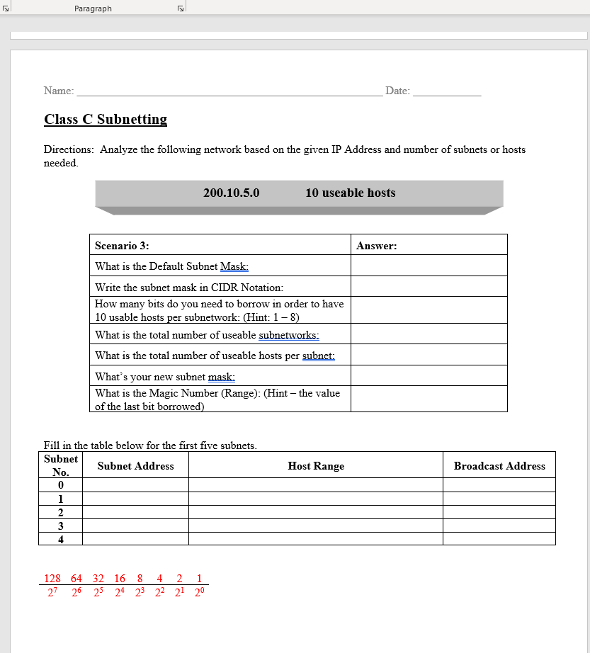 Solved Paragraph Name: Date: Class C Subnetting Directions: | Chegg.com