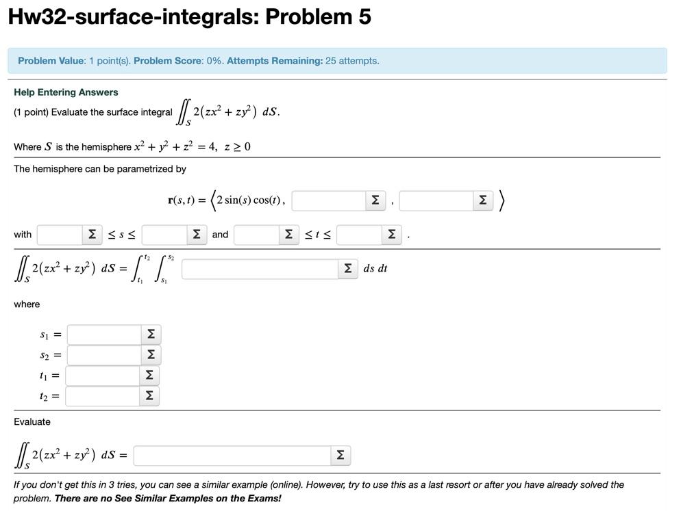 Solved Hw32-surface-integrals: Problem 5 Problem Value: 1 | Chegg.com