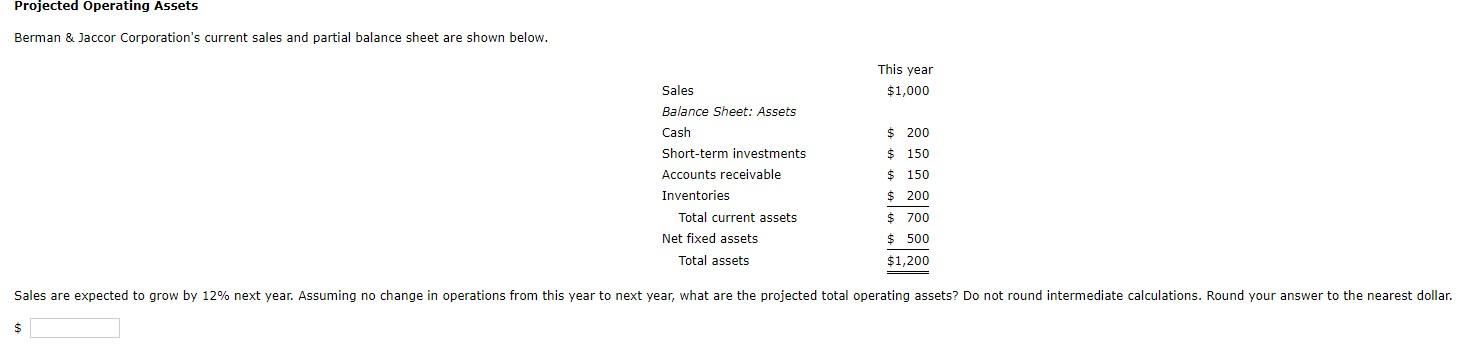 Solved Projected Operating Assets Berman & Jaccor | Chegg.com