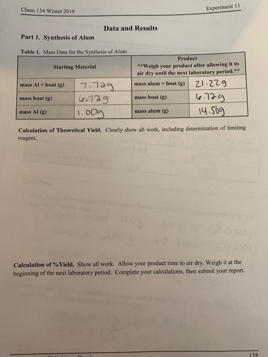 Experiment 11 Chem 134 Winter 2019 Data and Results | Chegg.com