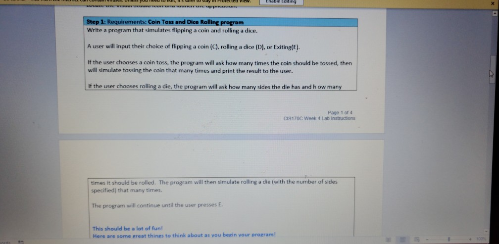 Solved Editing 1: Requirements: Coin Toss and Dice Rolling | Chegg.com