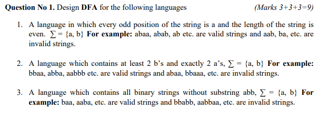 Solved Question No 1. Design DFA for the following languages | Chegg.com