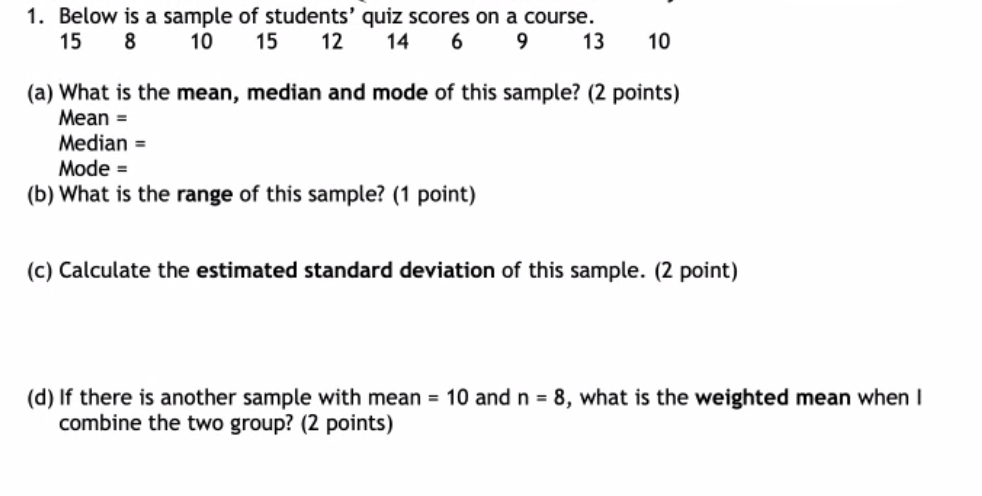 Solved 1. Below is a sample of students' quiz scores on a | Chegg.com