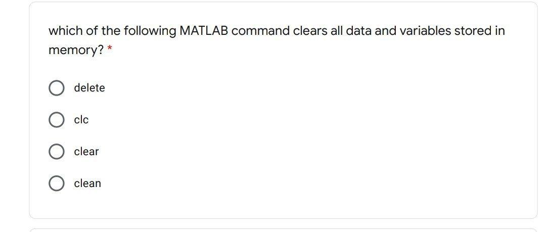 Solved which of the following MATLAB command clears all data | Chegg.com