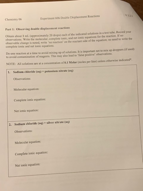 Solved V123 Chemistry 06 Experiment 606 Double Displacement | Chegg.com