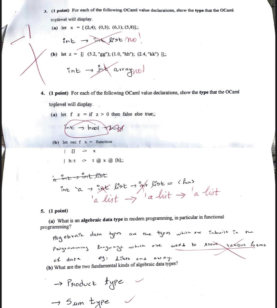 Solved 3 1 Point For Each Of The Following Ocaml Value
