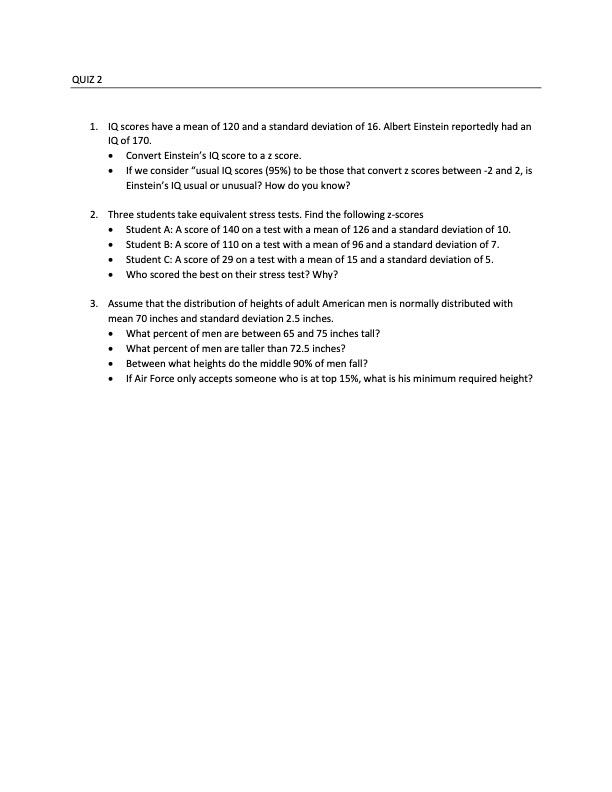 Solved QUIZ 2 1. IQ scores have a mean of 120 and a standard | Chegg.com