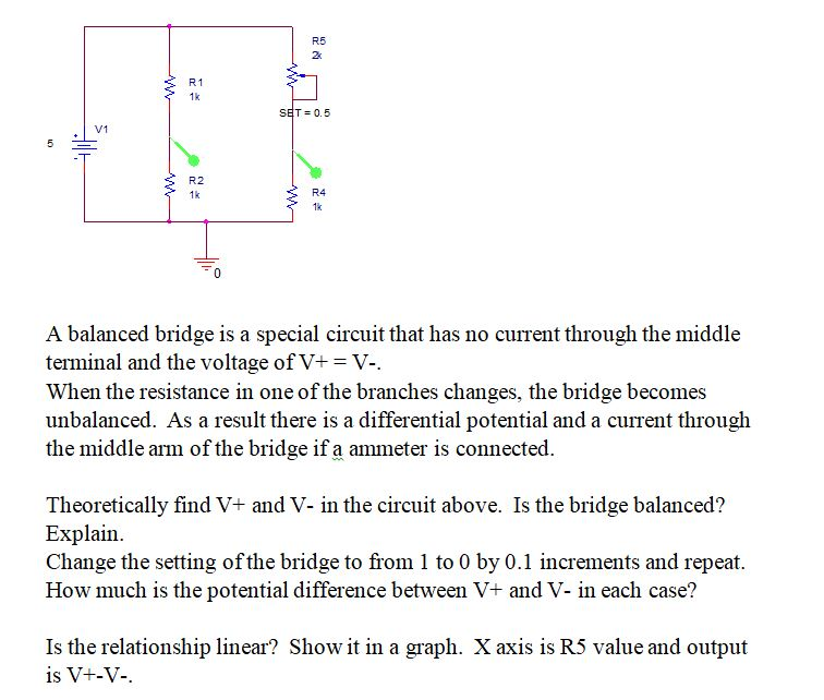 Solved R5 2x R1 1k SET = 0.5 V1 6 HIE R2 1k R4 1k A balanced | Chegg.com