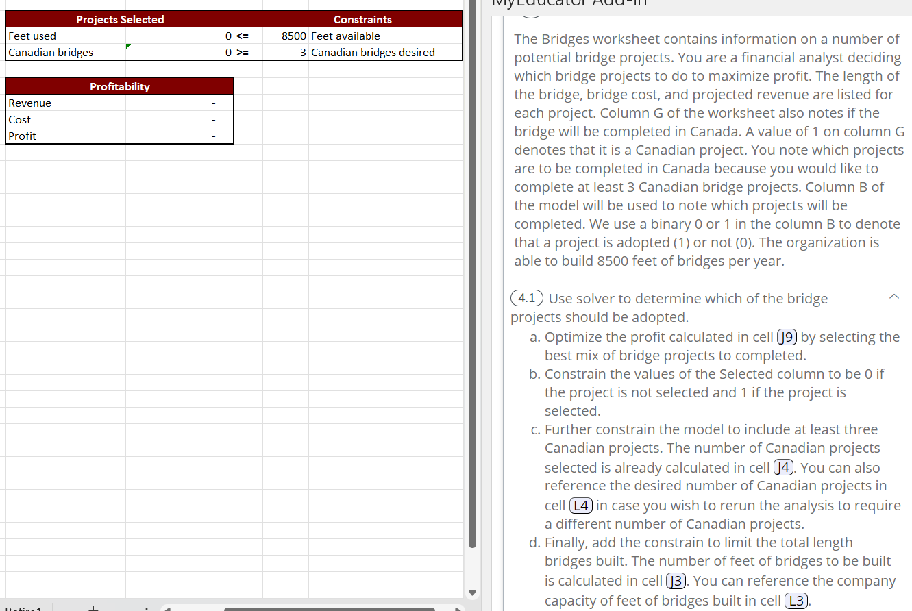 Solved The Bridges worksheet contains information on a | Chegg.com