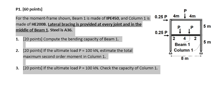 P1. [60 points) 0.25 P 4m 4m For the moment-frame | Chegg.com