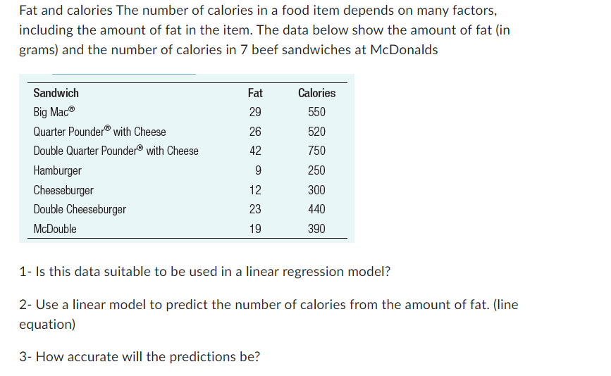 Solved Fat and calories The number of calories in a food | Chegg.com