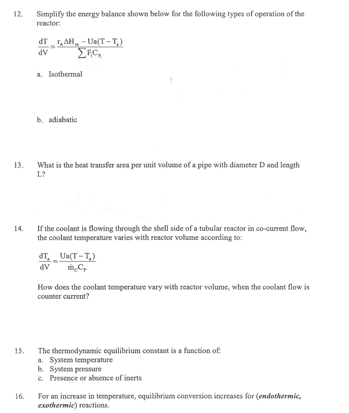 Solved 12. Simplify the energy balance shown below for the | Chegg.com