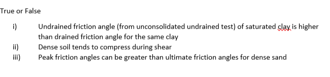 Solved True or False Undrained friction angle (from | Chegg.com