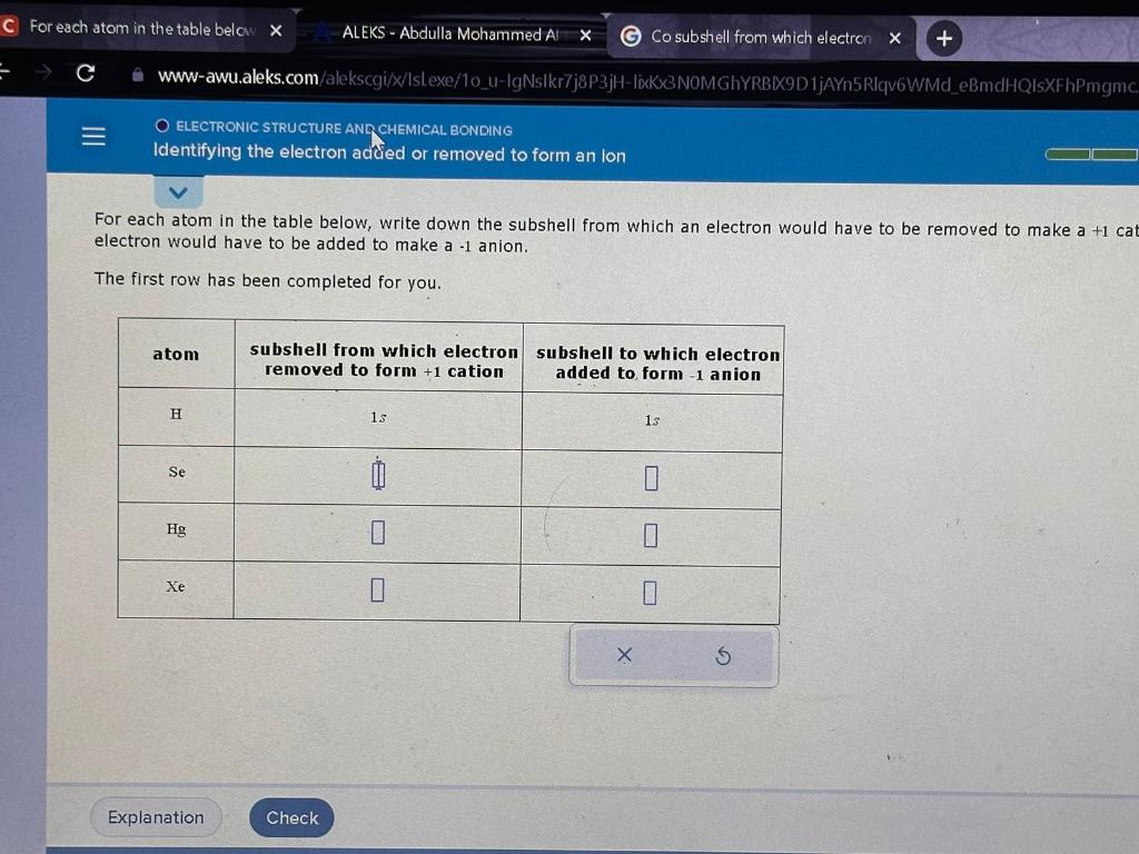 Solved For each atom in the table below, write down the | Chegg.com