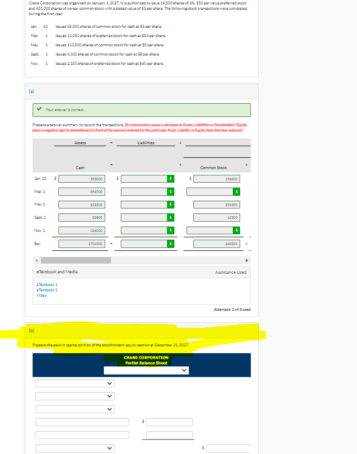 PLEASE fill out PART (b) ﻿Prepare the paid-in capital | Chegg.com