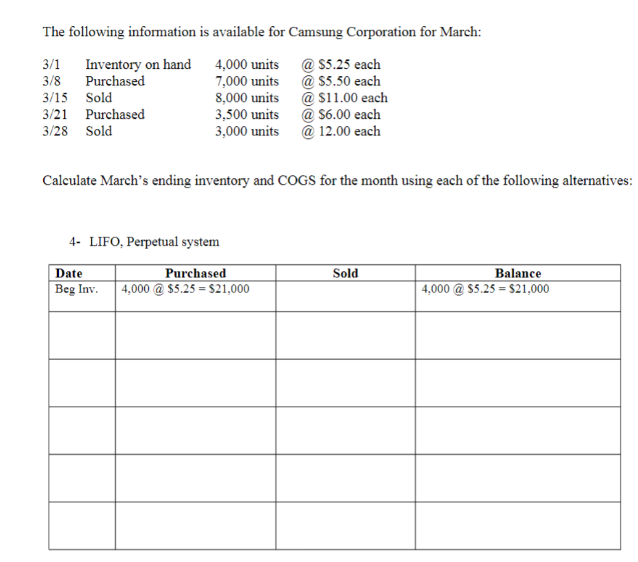 Solved The following information is available for Camsung | Chegg.com
