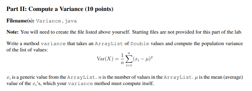 Solved Part II: Compute a Variance (10 points) Filename(s): | Chegg.com