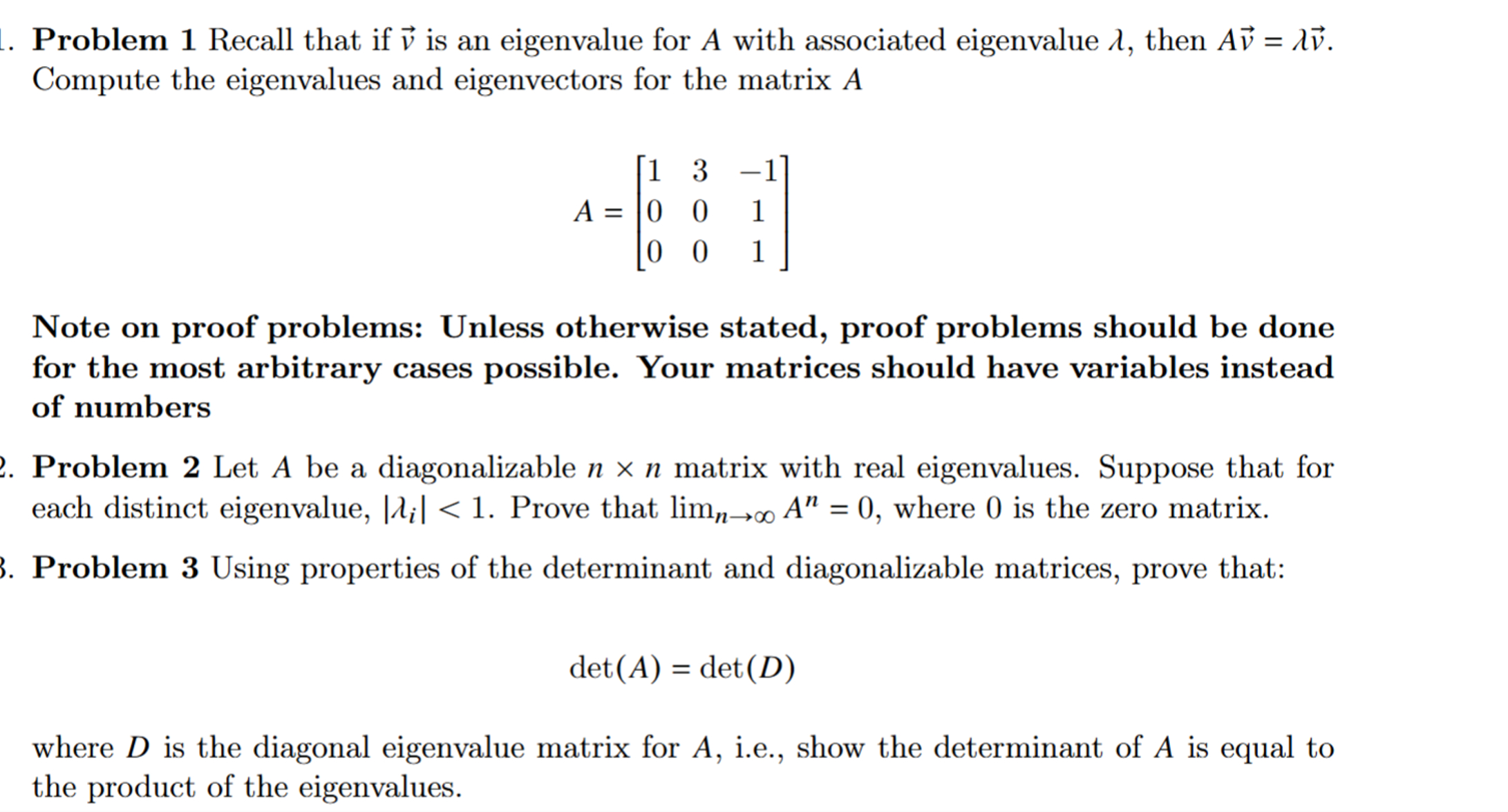 Solved Problem 1 ﻿Recall that if vec(v) ﻿is an eigenvalue | Chegg.com