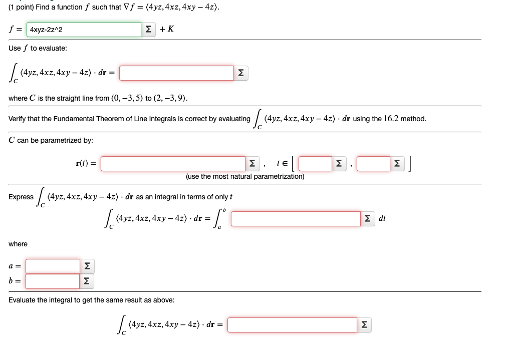 Solved (1 point) Find a function f such that Vf = (4yz, 4xz, | Chegg.com