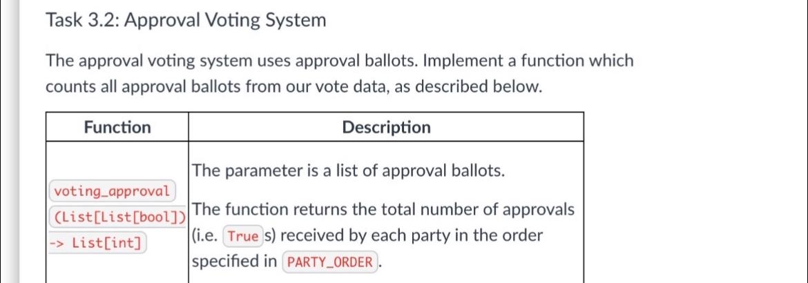 Solved Task 3.2: Approval Voting System The approval voting | Chegg.com