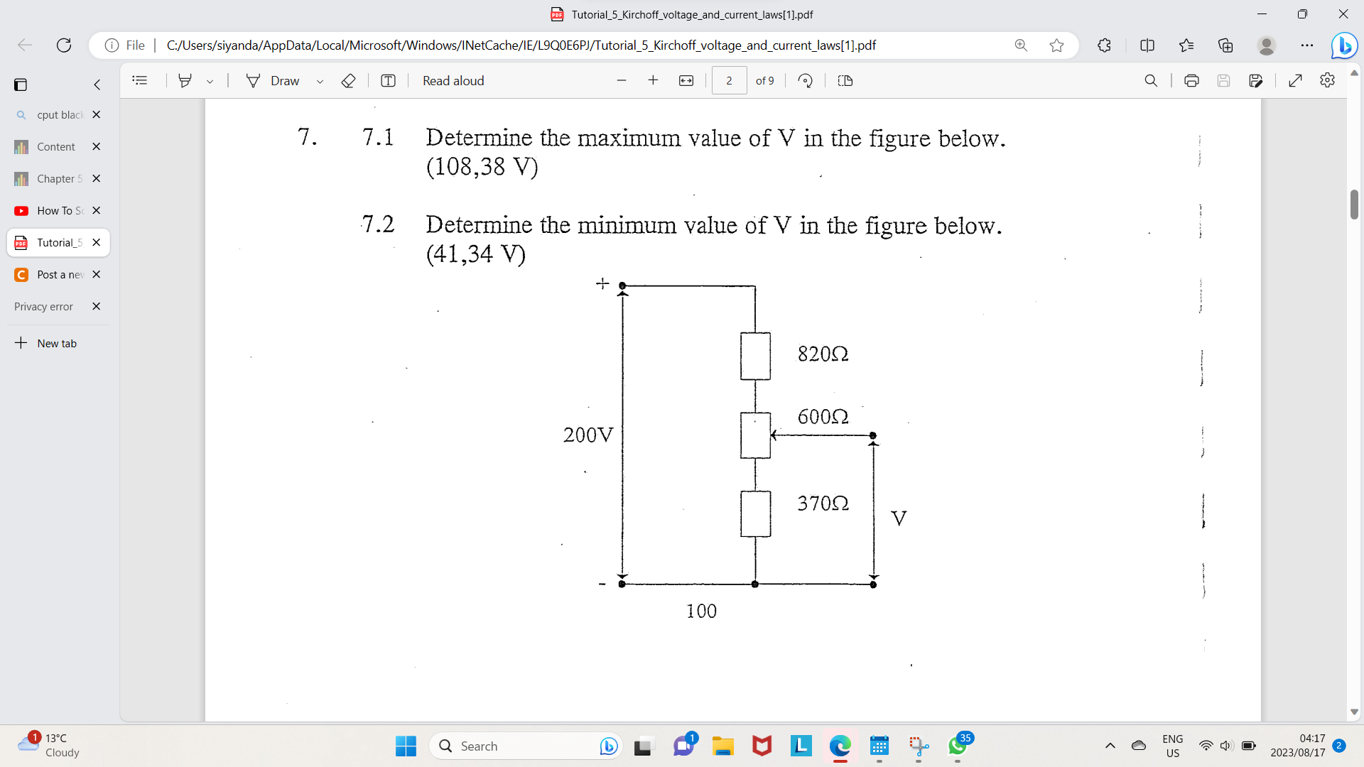 Solved 7.1 Determine the maximum value of \\( \\mathrm{V} | Chegg.com